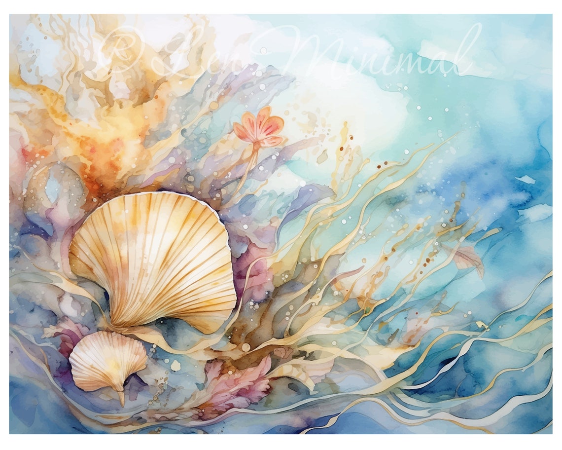 12 Beautiful Summer Sea Shells Digital Papers, Beach & Ocean Pattern, Watercolor Printable Paper ...