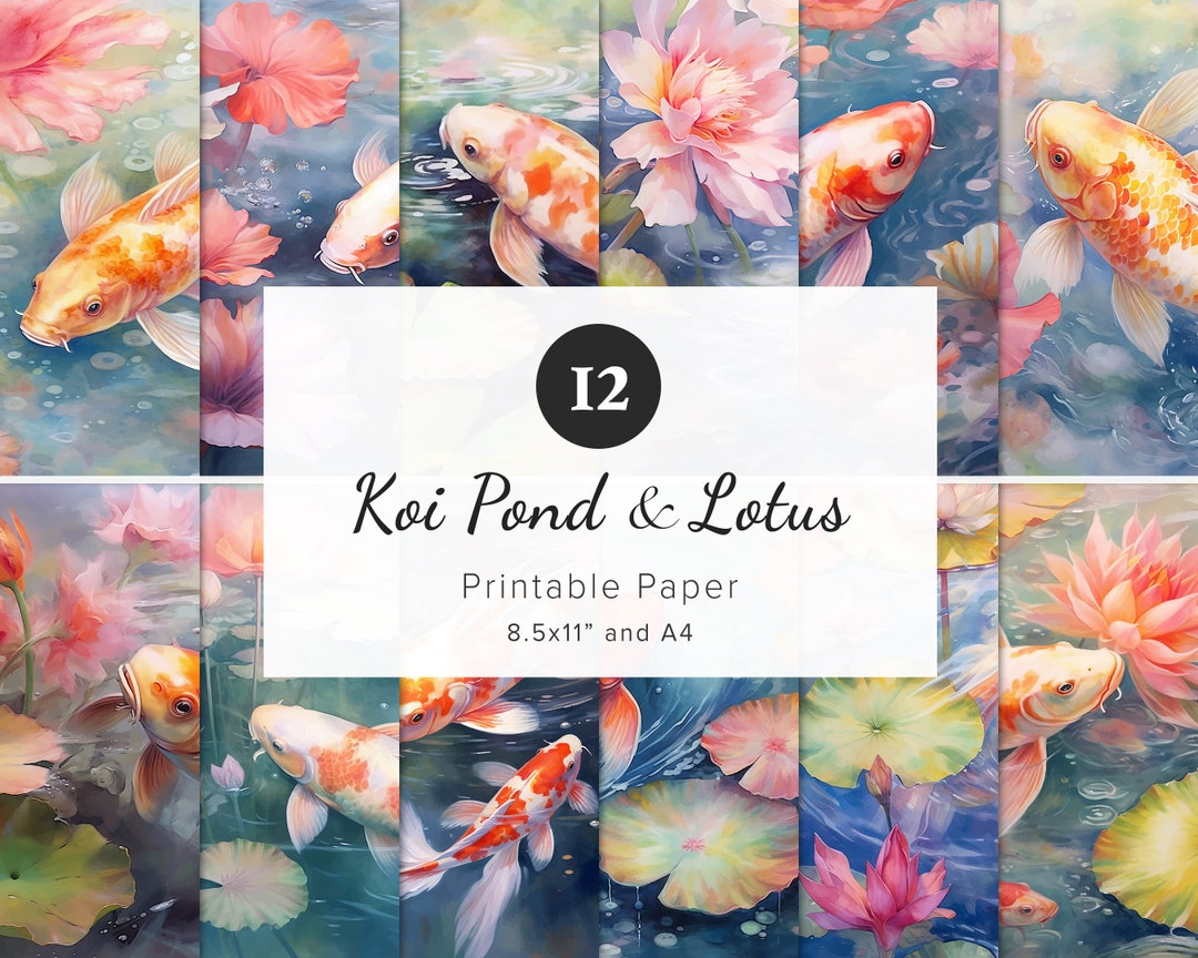 12 Koi Pond Digital Papers, Lotus & Fish Medley Pattern, Printable ...