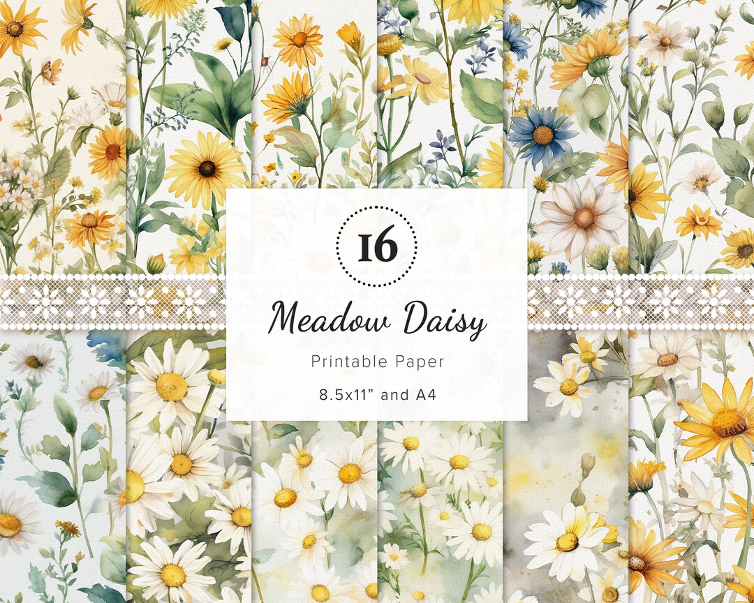16 X Meadow Daisy Floral Printable Scrapbook Paper, Sunflowers Digital ...