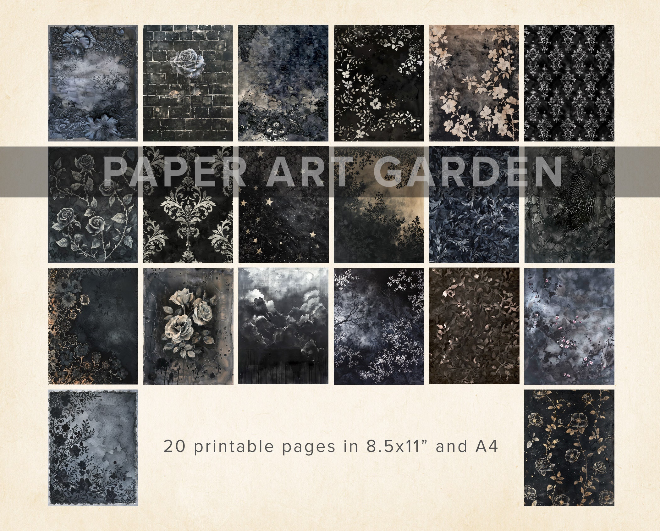 20 X Dark Tone Papers, Printable Gothic Ephemera, Black Ink Dyed Paper ...