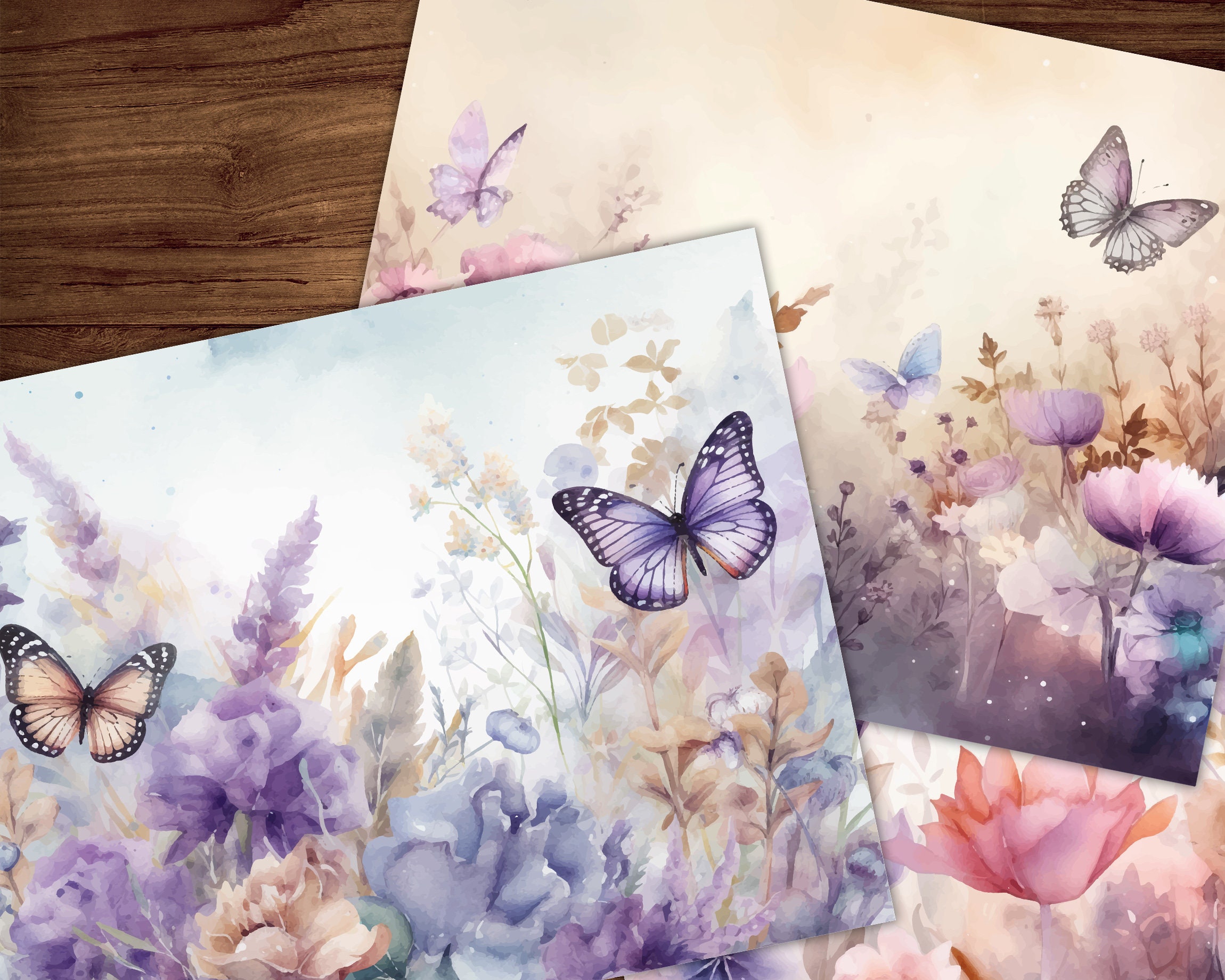 16 X Purple Garden Digital Paper "evenfall", Butterfly Floral Ephemera ...