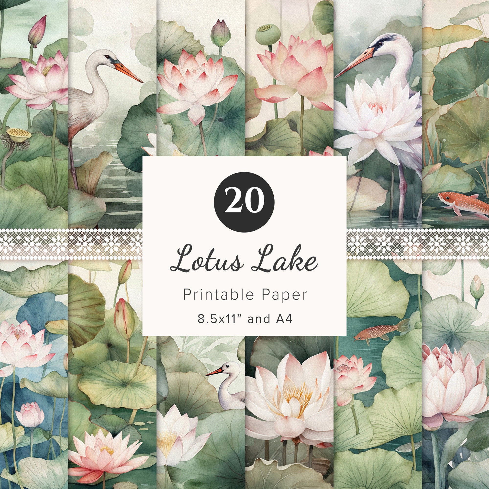 Lotus Lake Printable Papers, Lotus Junk Journal Ephemera, Scrapbook ...