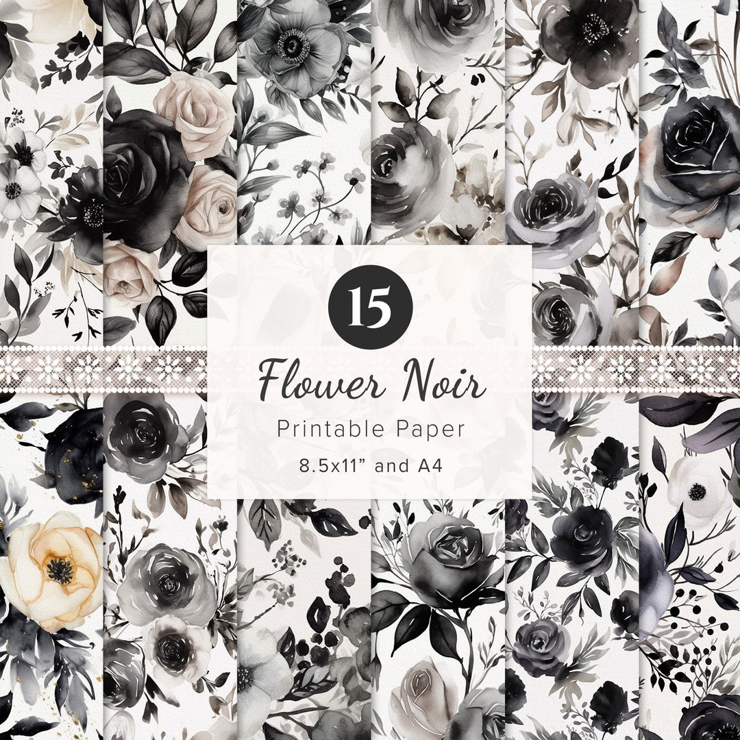 15 X Black Flowers Digital Papers, Dark Floral Scrapbook, Black Roses ...