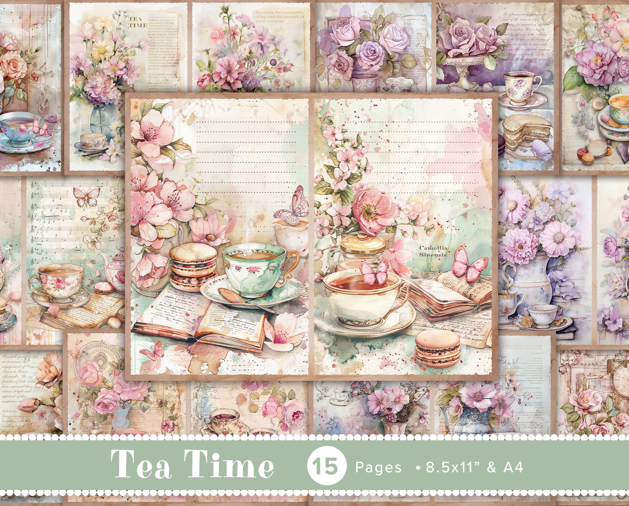 15 X Vintage Tea Double Journal Pages, Afternoon Tea Scrapbook Ephemera ...