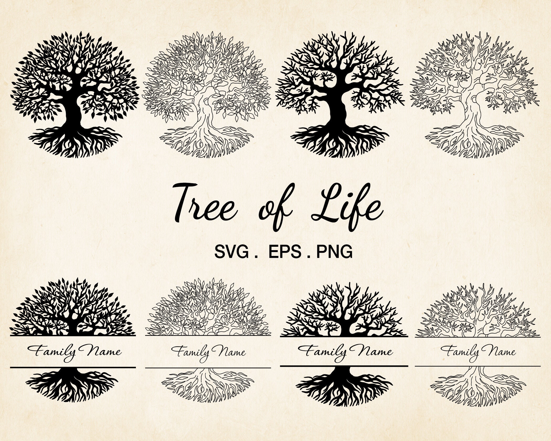 Hand-drawn Tree of Life SVG Clipart, Family Name, Split Tree Vector ...