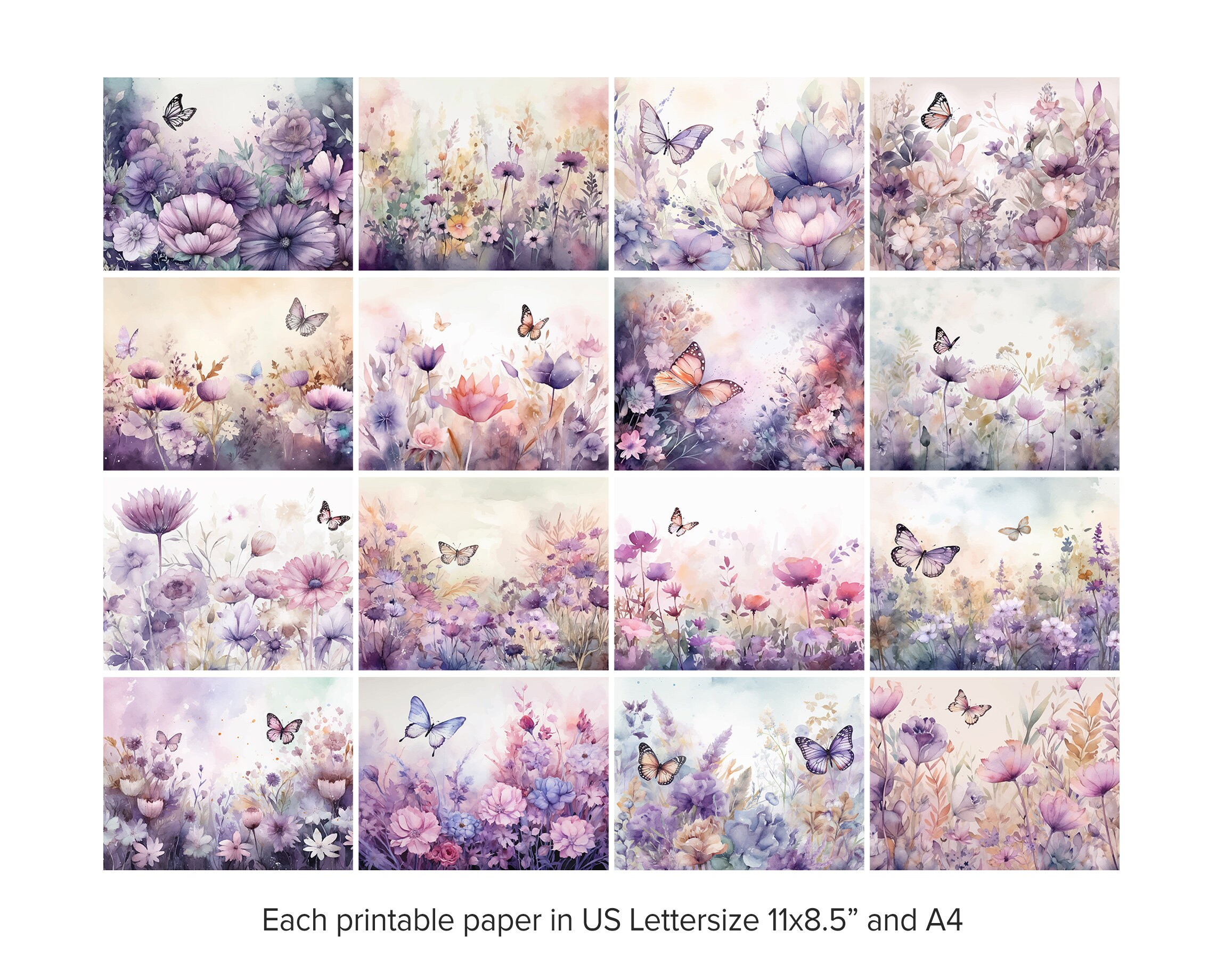 16 X Purple Garden Digital Paper "evenfall", Butterfly Floral Ephemera ...