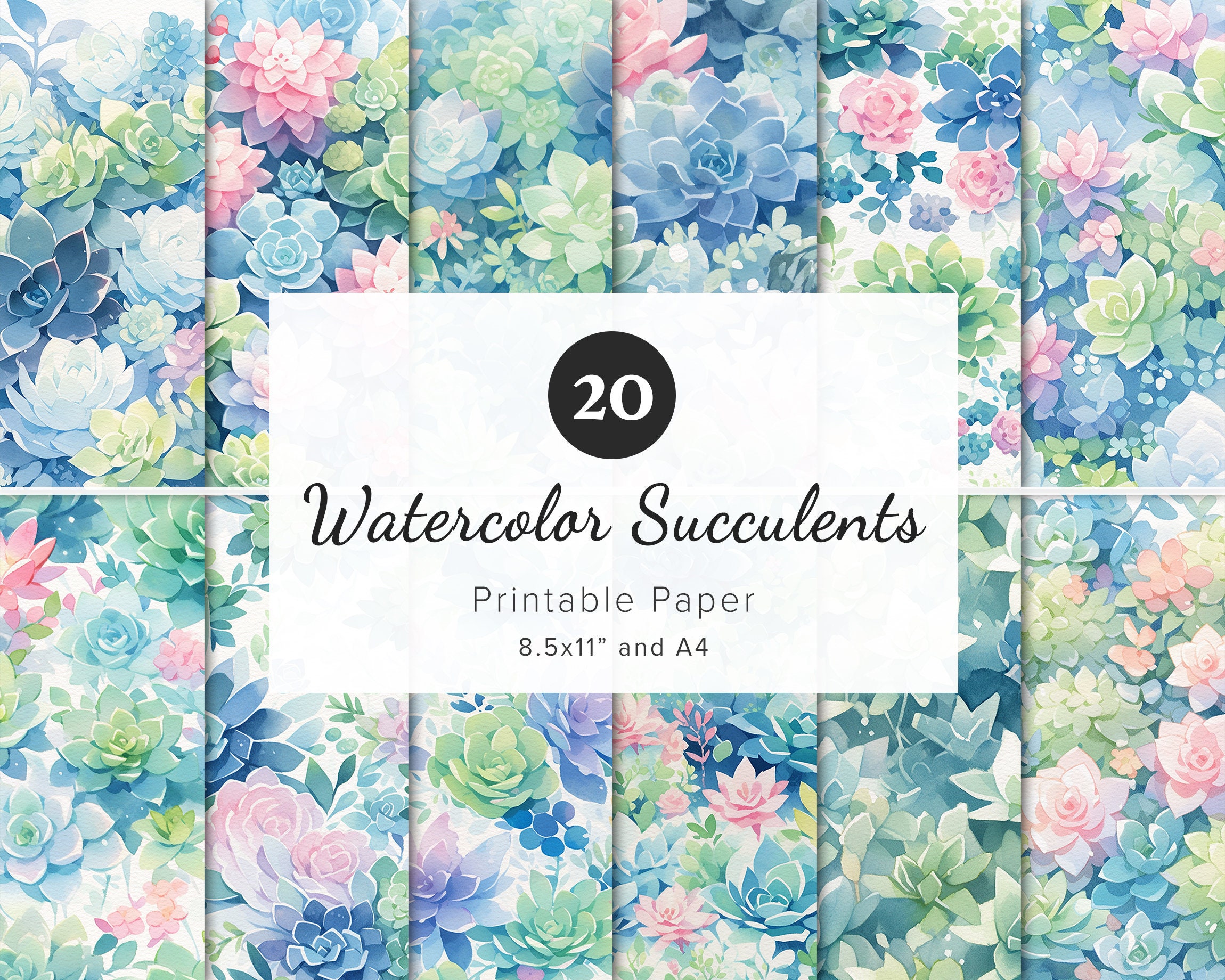 20 Succulents Digital Papers Watercolor Succulent Cactus - Etsy