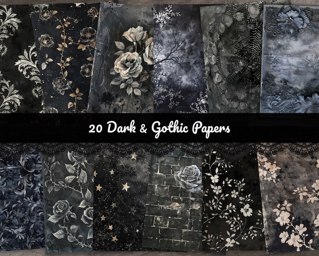 20 X Dark Tone Papers, Printable Gothic Ephemera, Black Ink Dyed Paper ...