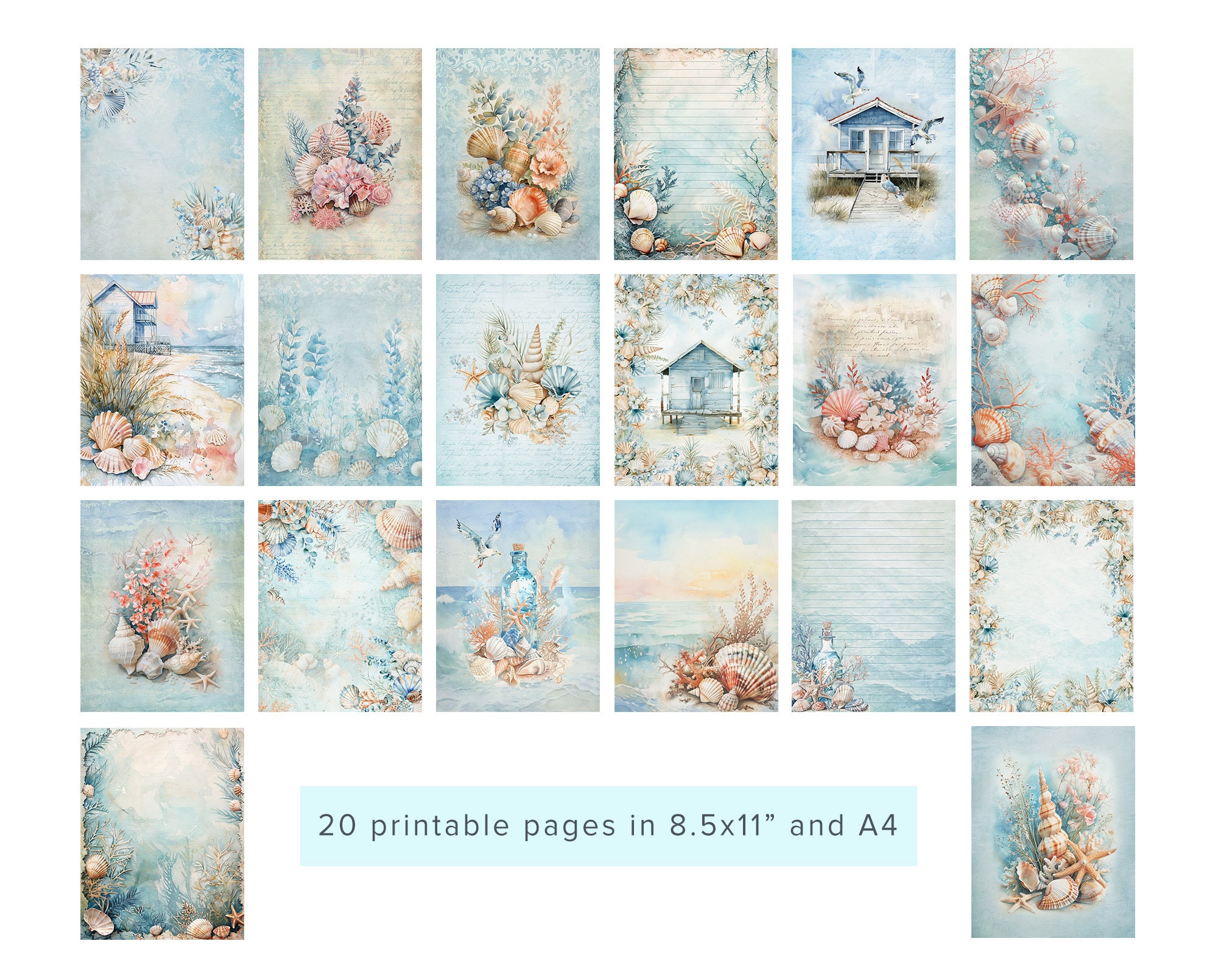 20 Coastal Blue Journal Pages, Ocean Scrapbook Ephemera, Seashells Junk ...