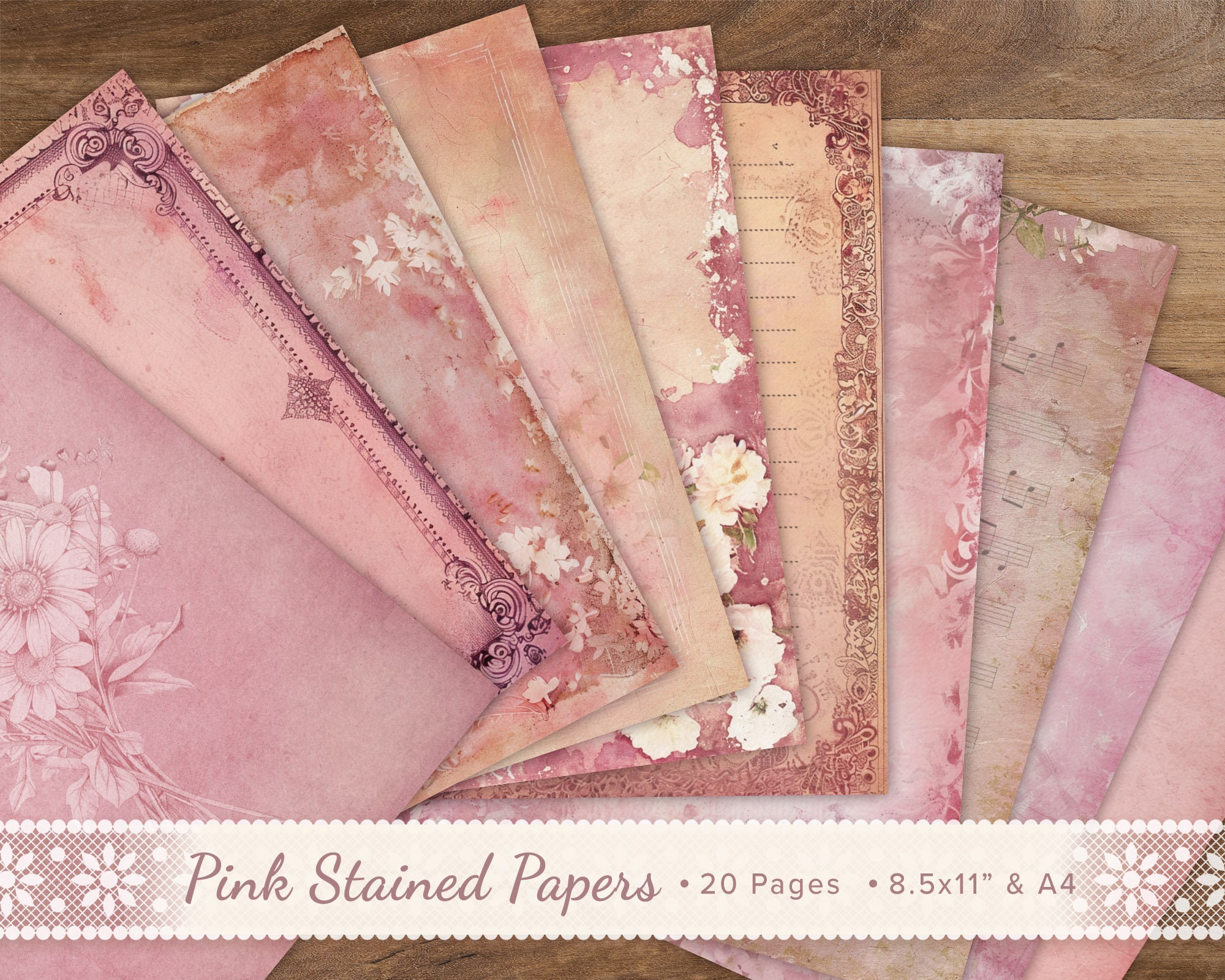 20 X Printable Pink Stained Old Papers, Pink Ephemera, Tea Dyed Paper ...