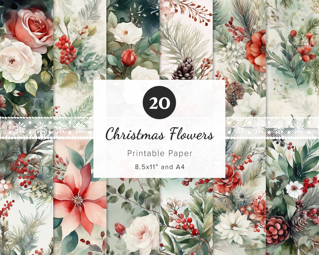 Christmas Flowers Printable Papers, Floral Digital Paper Christmas ...