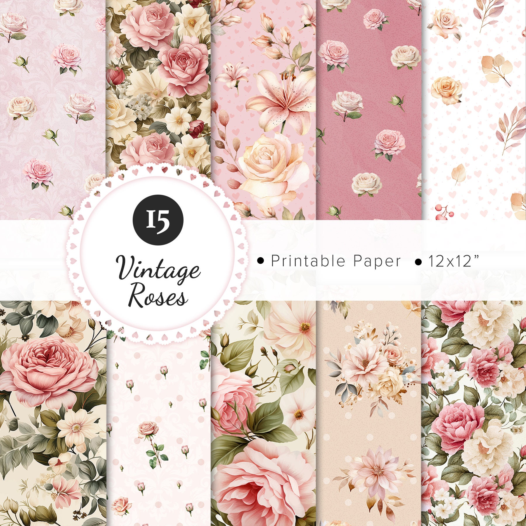 15 X Vintage Rose Digital Papers Watercolor Floral Wallpaper - Etsy