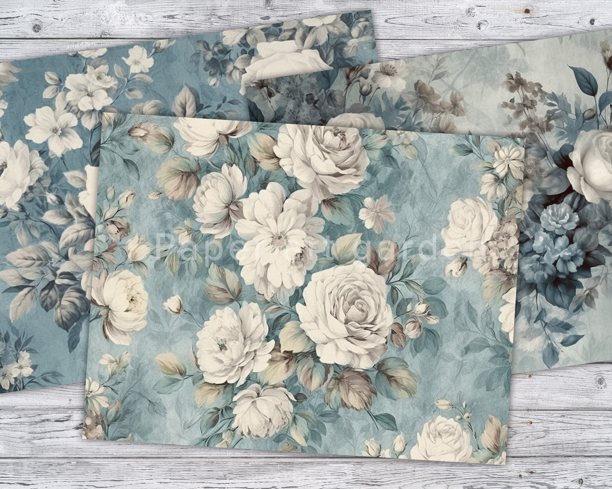 20 X Vintage Shabby Blue Rose Digital Papers, Blue Flowers Ephemera ...