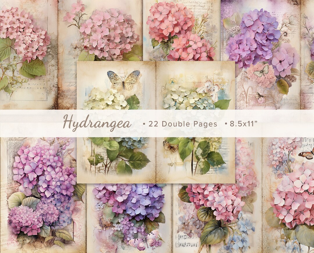 22 X Vintage Hydrangea Journal Pages, Hortensia Scrapbook Ephemera, Floral Junk Journal ...