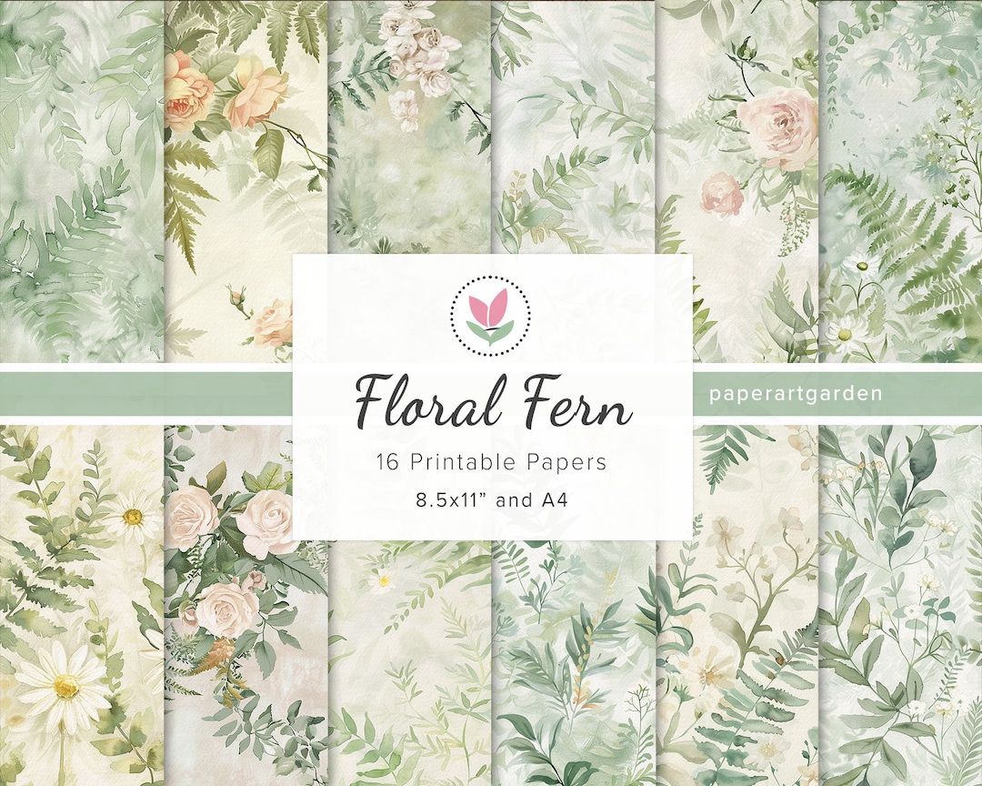 Floral Fern Digital Papers, Muted Green Fern Printable Papers, Forest ...
