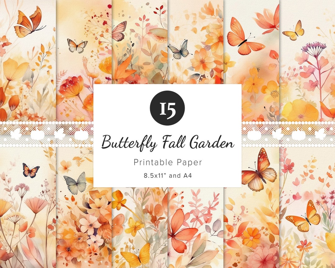 15 X Butterfly in Fall Garden Digital Paper, Floral Medley Patterns ...