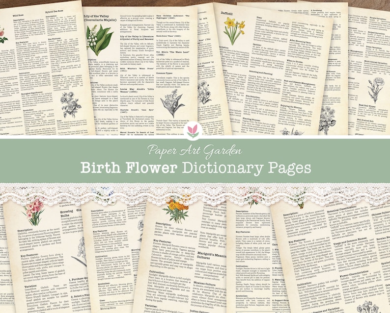 Printable Botanical Birth Flowers Dictionary Pages, Birth Month Flower Scrapbook Ephemera ...