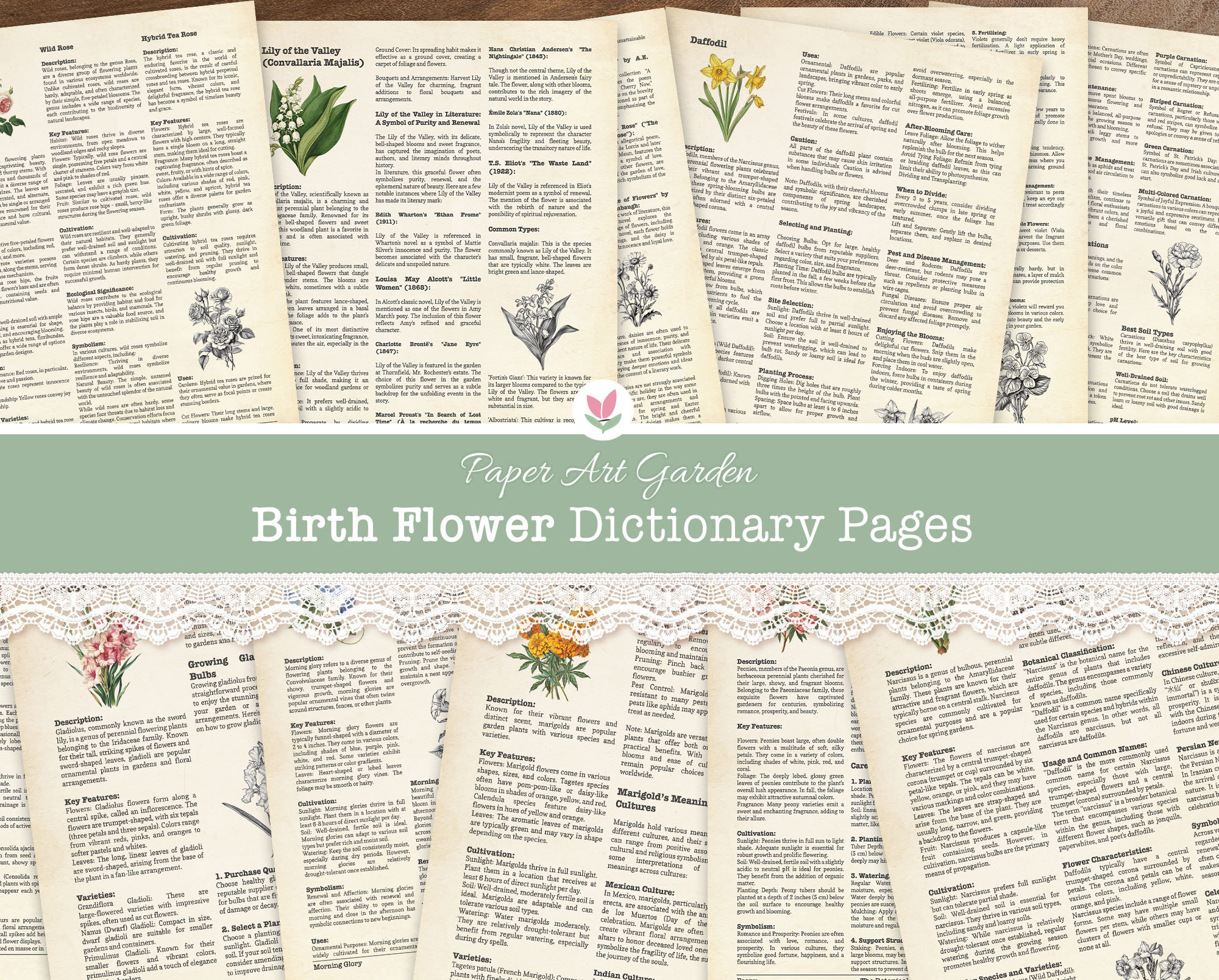 Printable Botanical Birth Flowers Dictionary Pages, Birth Month Flower ...