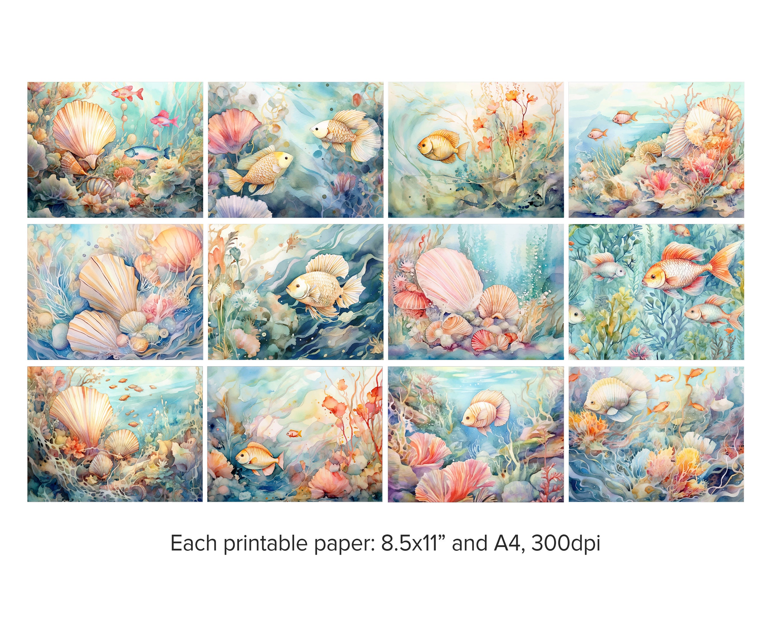 12 Beautiful Ocean Fish Digital Papers, Coral Reef & Shells Pattern ...