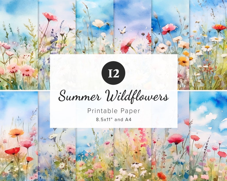 12 Watercolor Wildflowers Digital Papers, Floral Medley Pattern ...
