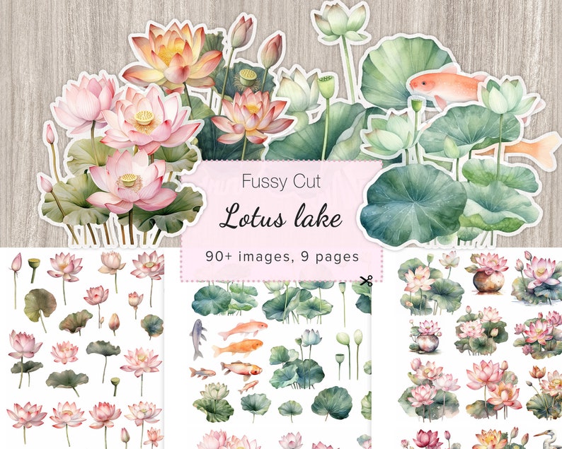 Fussy Cut Pink Lotus Lake, Lotus Junk Journal Ephemera, Scrapbook Lotus ...