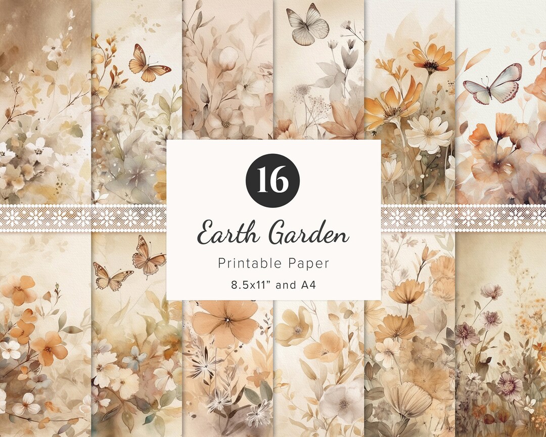 16 X Earth Garden Digital Papers, Brown Palette Flowers Scrapbook ...