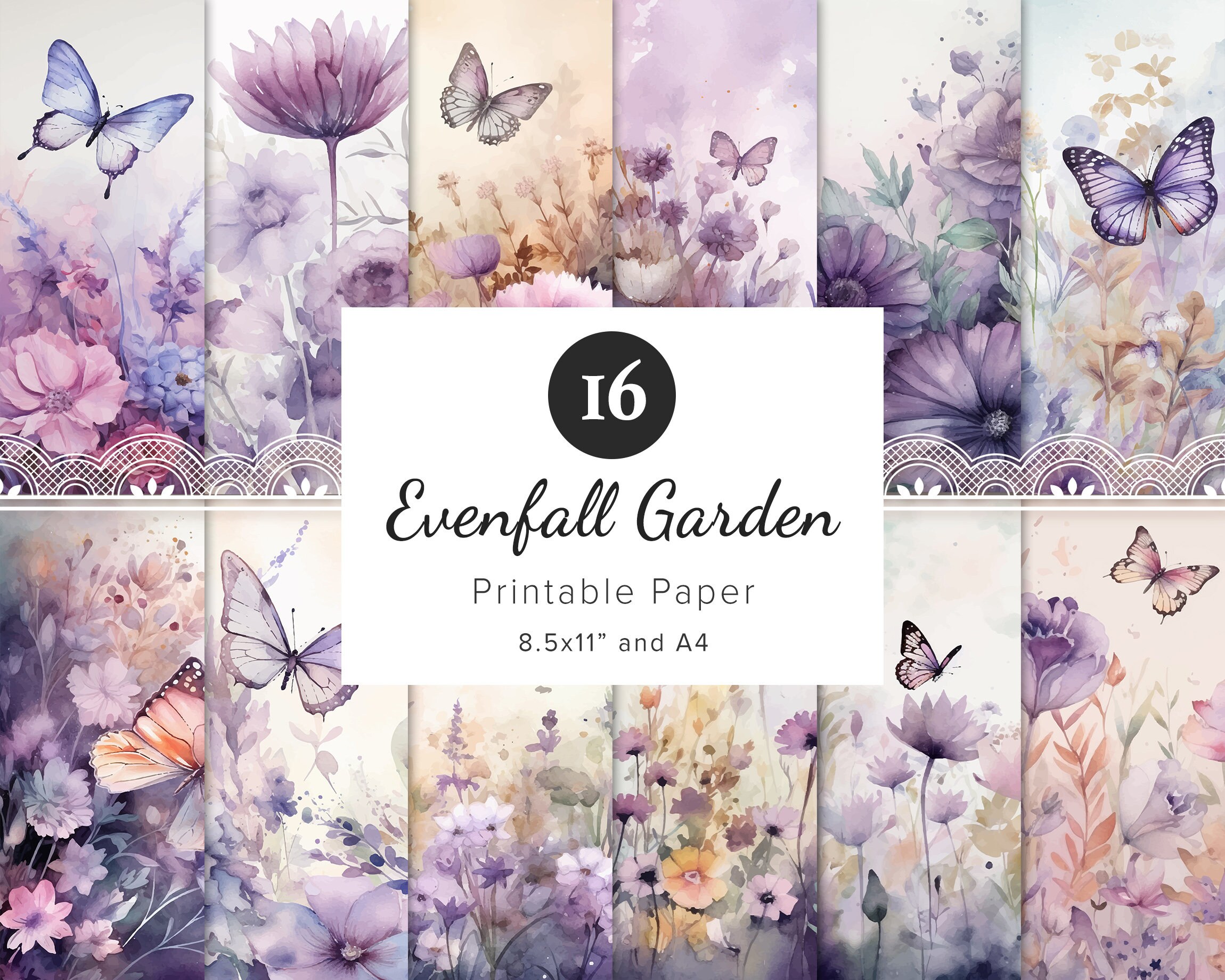 16 X Purple Garden Digital Paper evenfall, Butterfly Floral Ephemera ...
