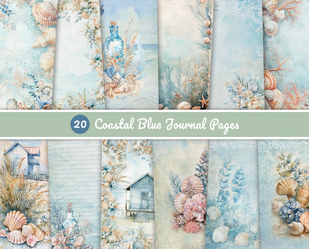 20 Coastal Blue Journal Pages, Ocean Scrapbook Ephemera, Seashells Junk ...
