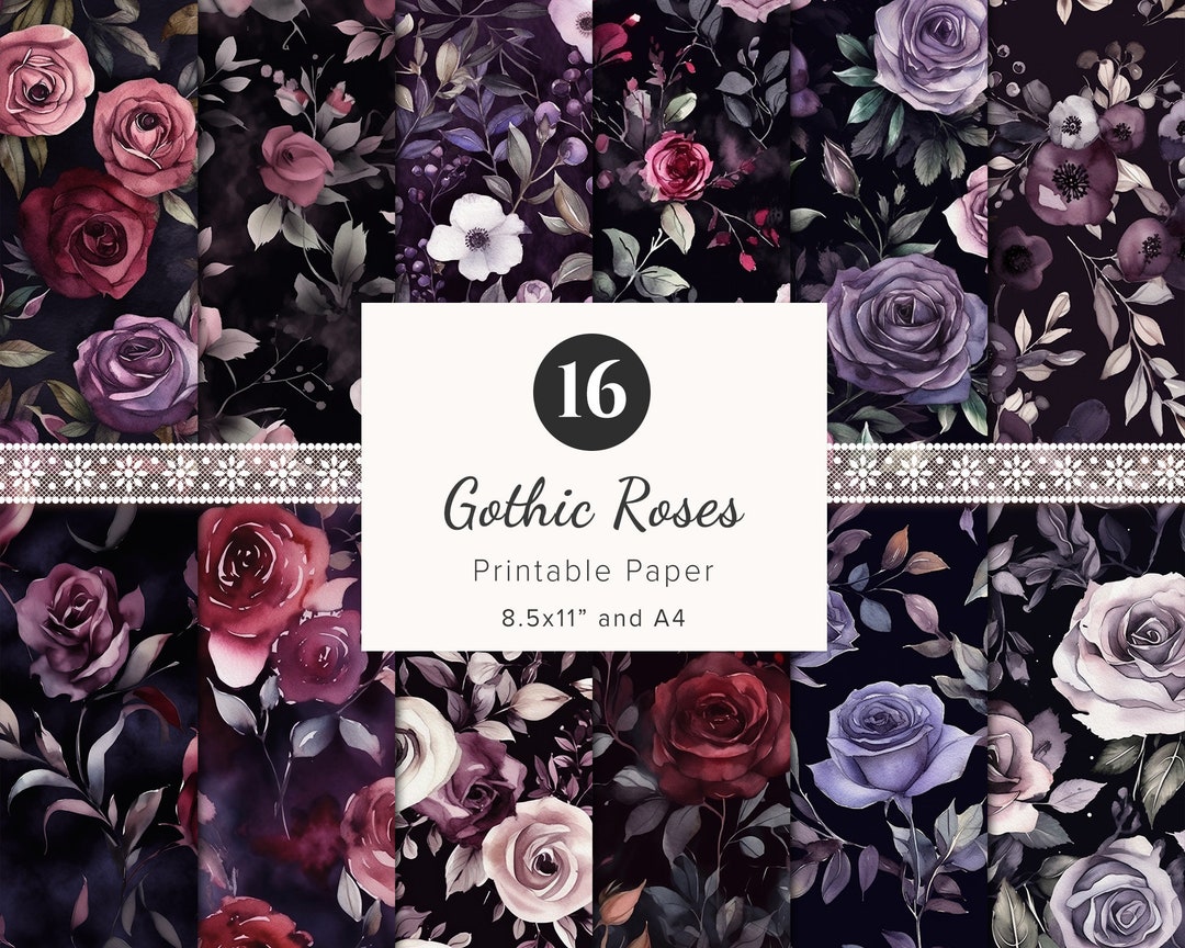 16 X Gothic Dark Rose Digital Papers, Watercolor Flower Wallpaper, Junk ...
