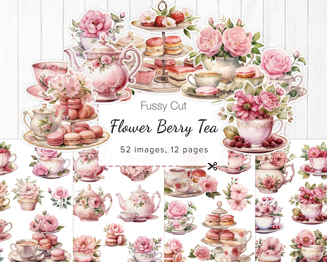 Fussy Cut Vintage Afternoon Tea, "pink Flower and Berry Tea", Tea ...