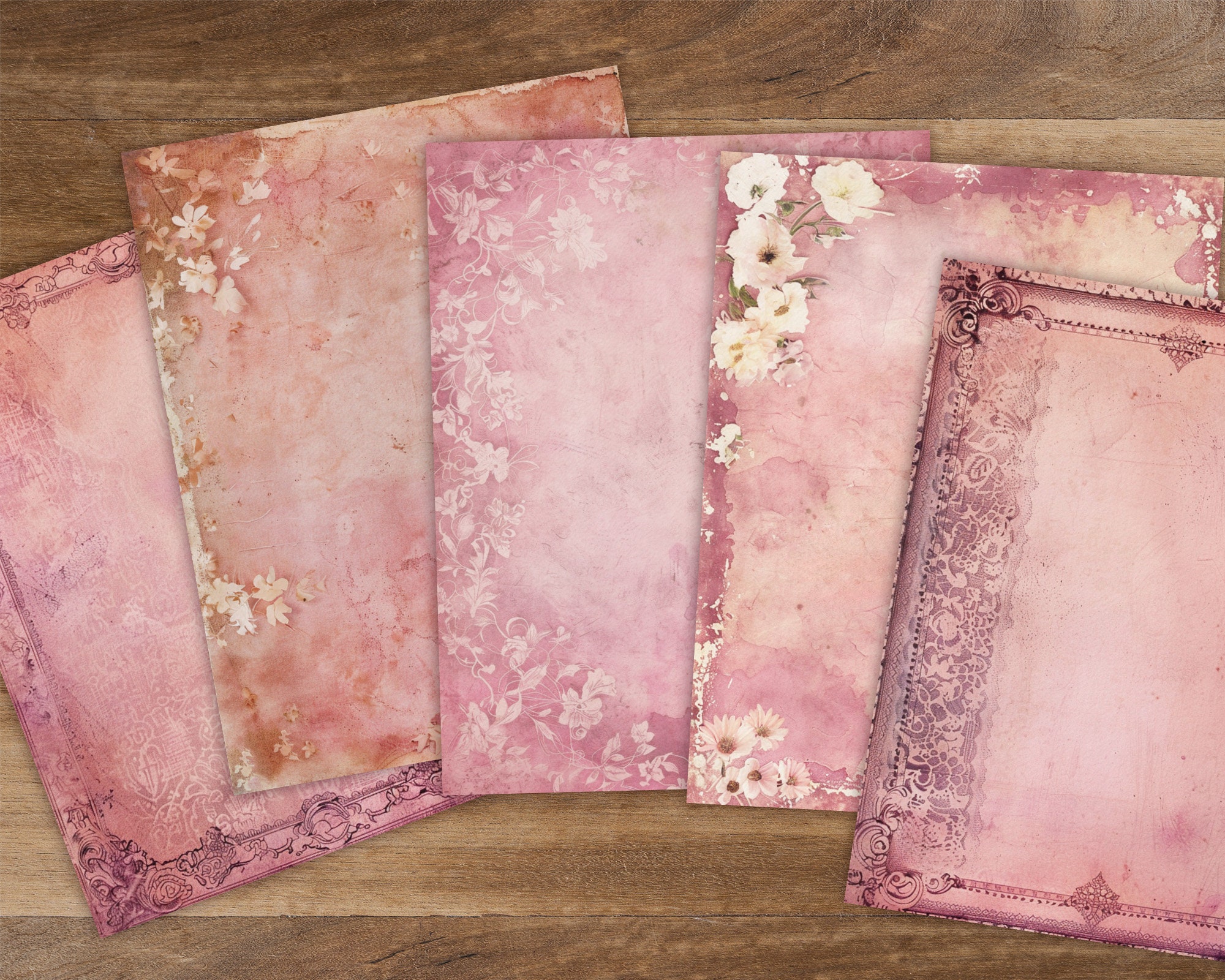 20 X Printable Pink Stained Old Papers, Pink Ephemera, Tea Dyed Paper ...