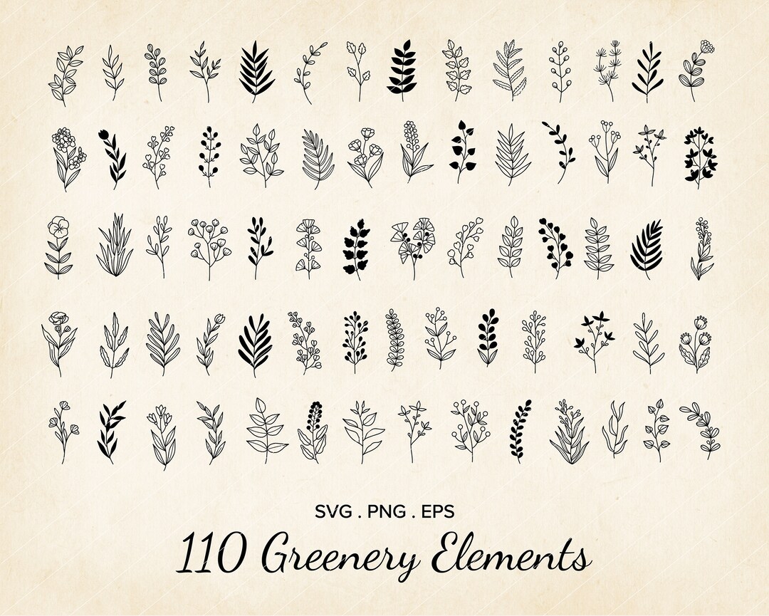 110 Greenery Elements SVG Clipart, Hand-drawn Vector Flowers, Botanical ...