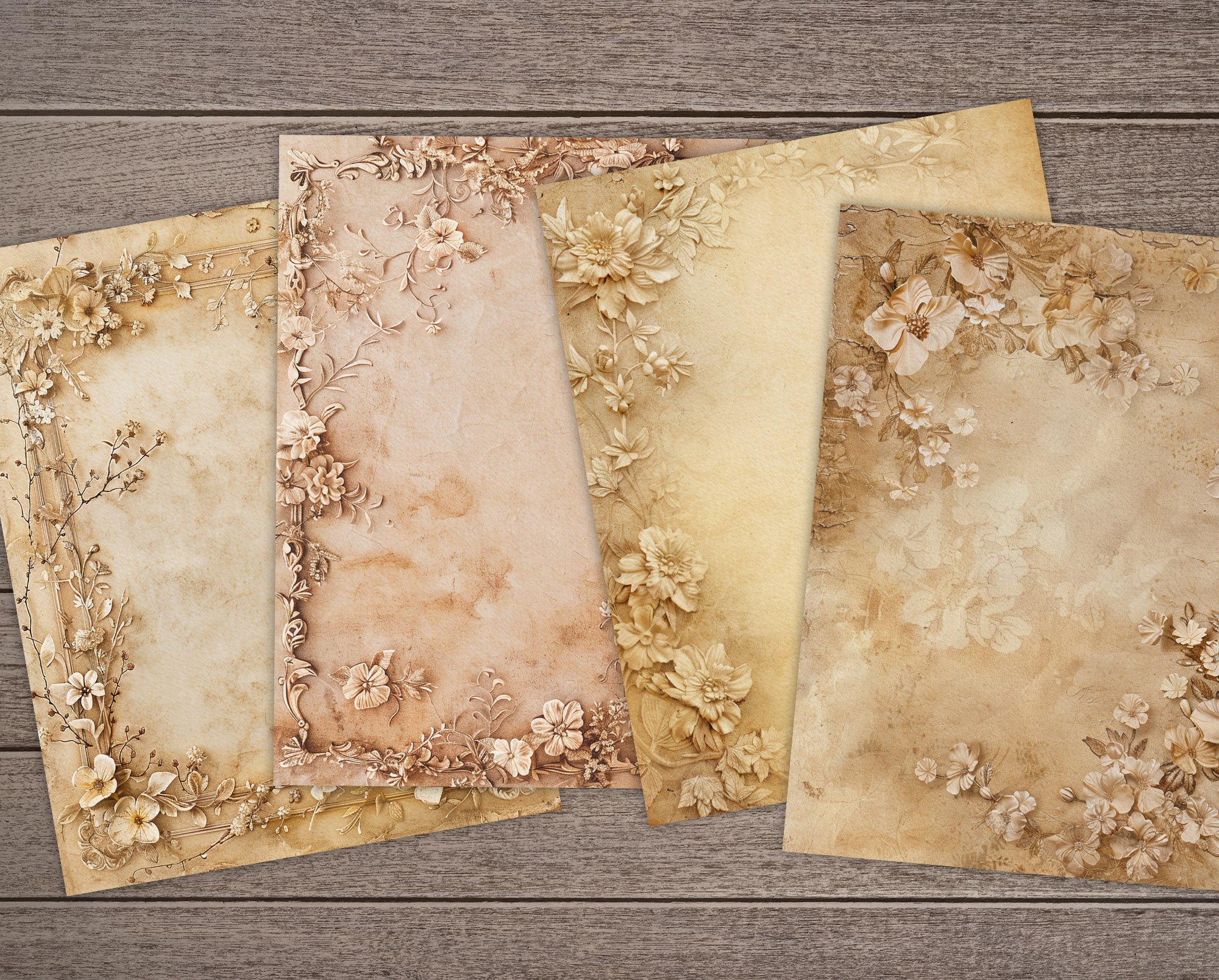 20 X Printable Tea Stained Papers With Floral Frames, Vintage Papers ...