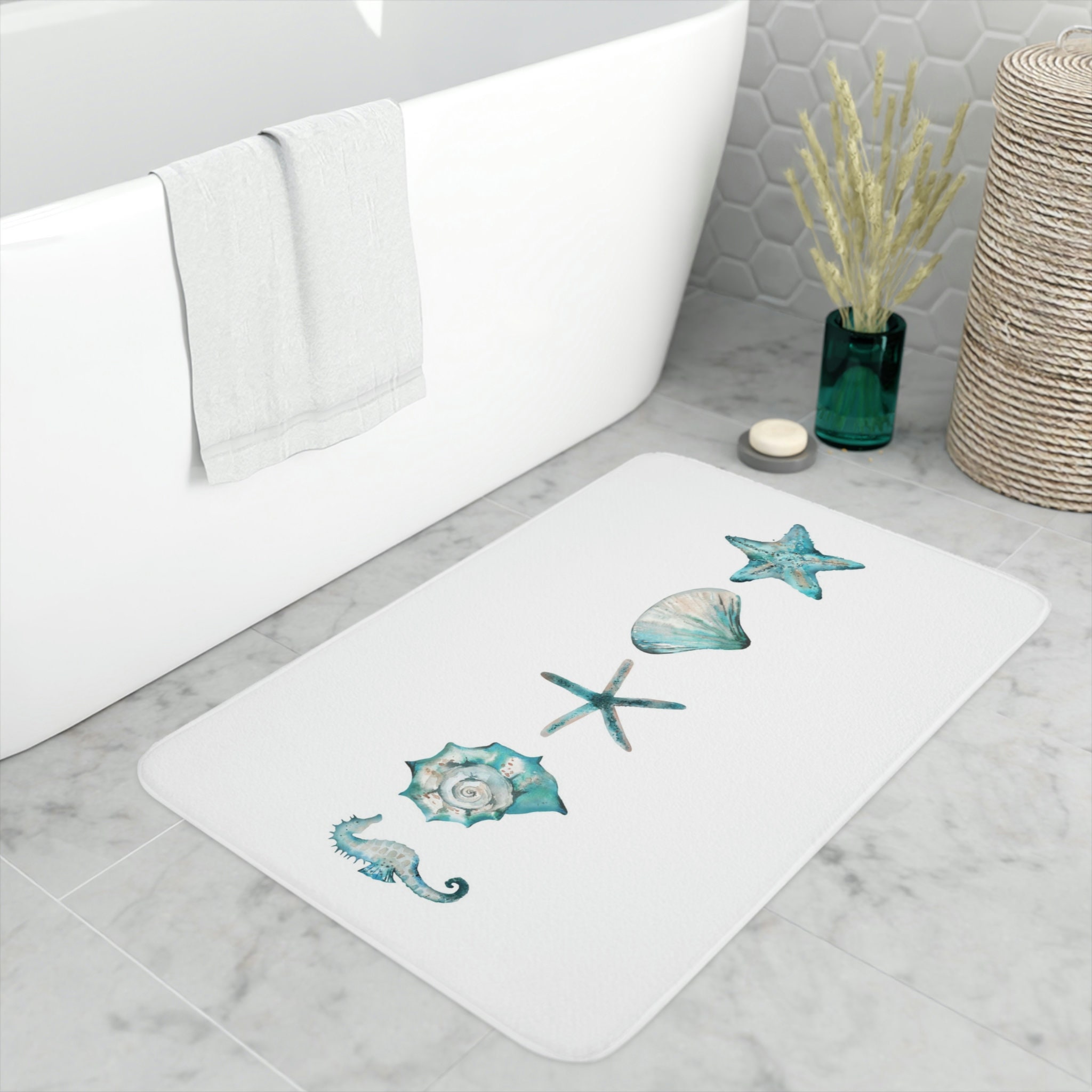Ocean Wildlife Bath Mat, Nautical Bathroom Memory Foam Floor Mat, Cute ...