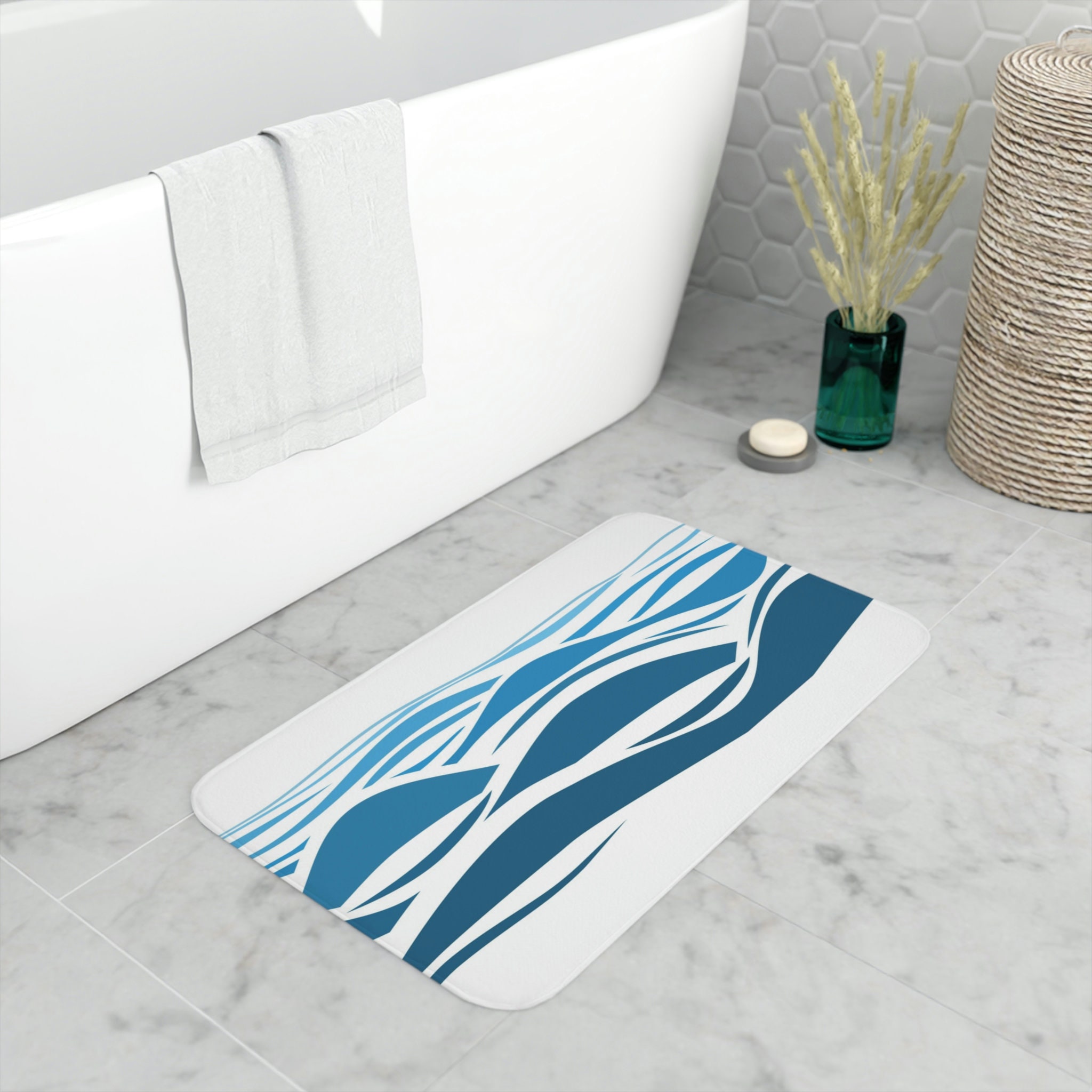 Ocean Wave Bath Mat, Nautical Bathroom Memory Foam Floor Mat, Cute Bath ...