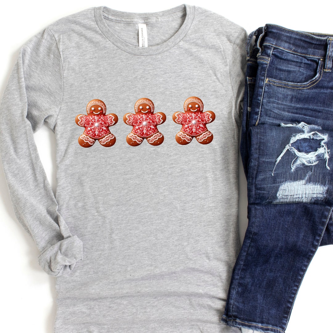 Gingerbread T-shirt, Festive Christmas Long Sleeve Tee With Gingerbread ...