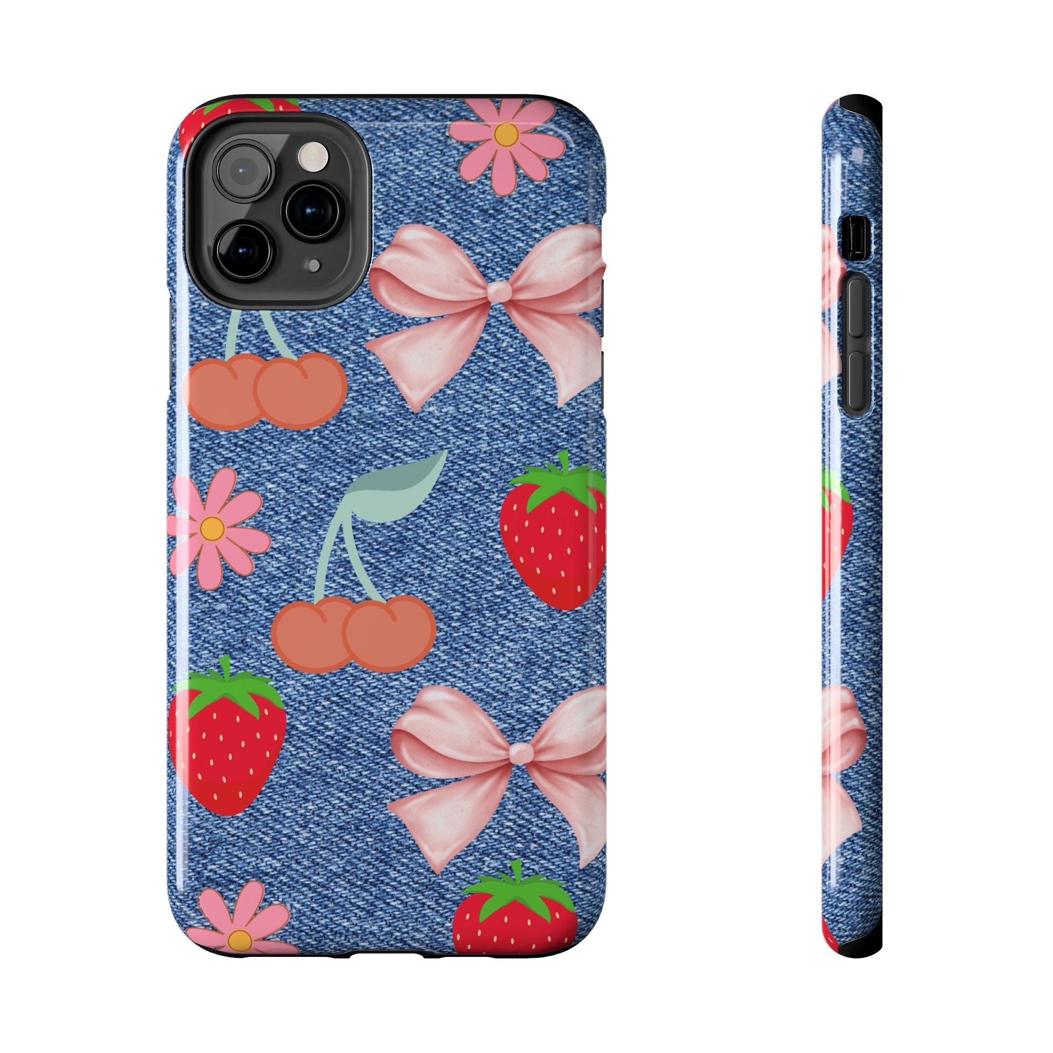 Pink and Blue Denim iPhone Case, Strawberries Cherries Pink Bow Decor ...
