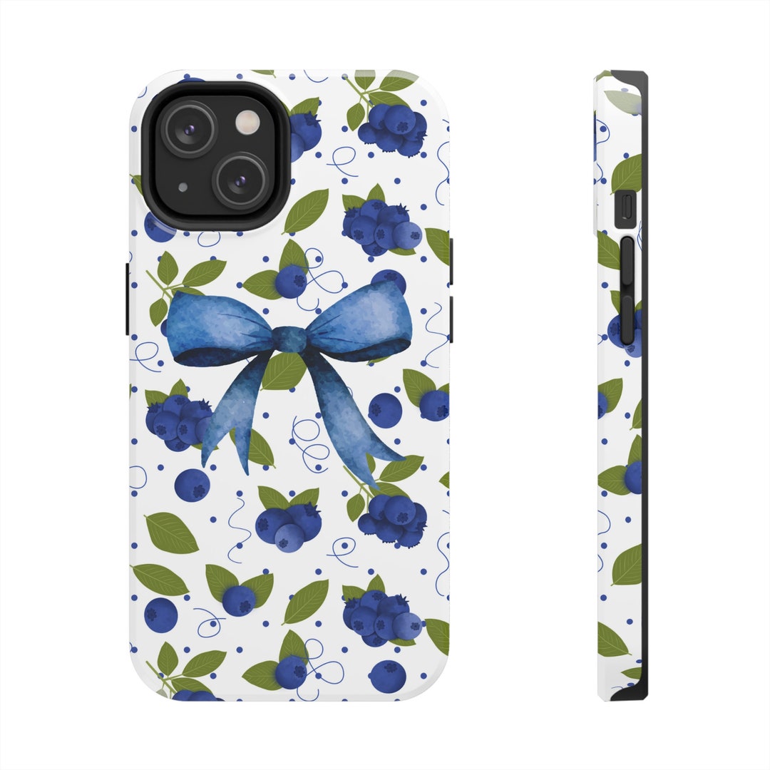 Blue Bow iPhone Case, Blueberry Pattern Protective Phone Case, Fruit ...