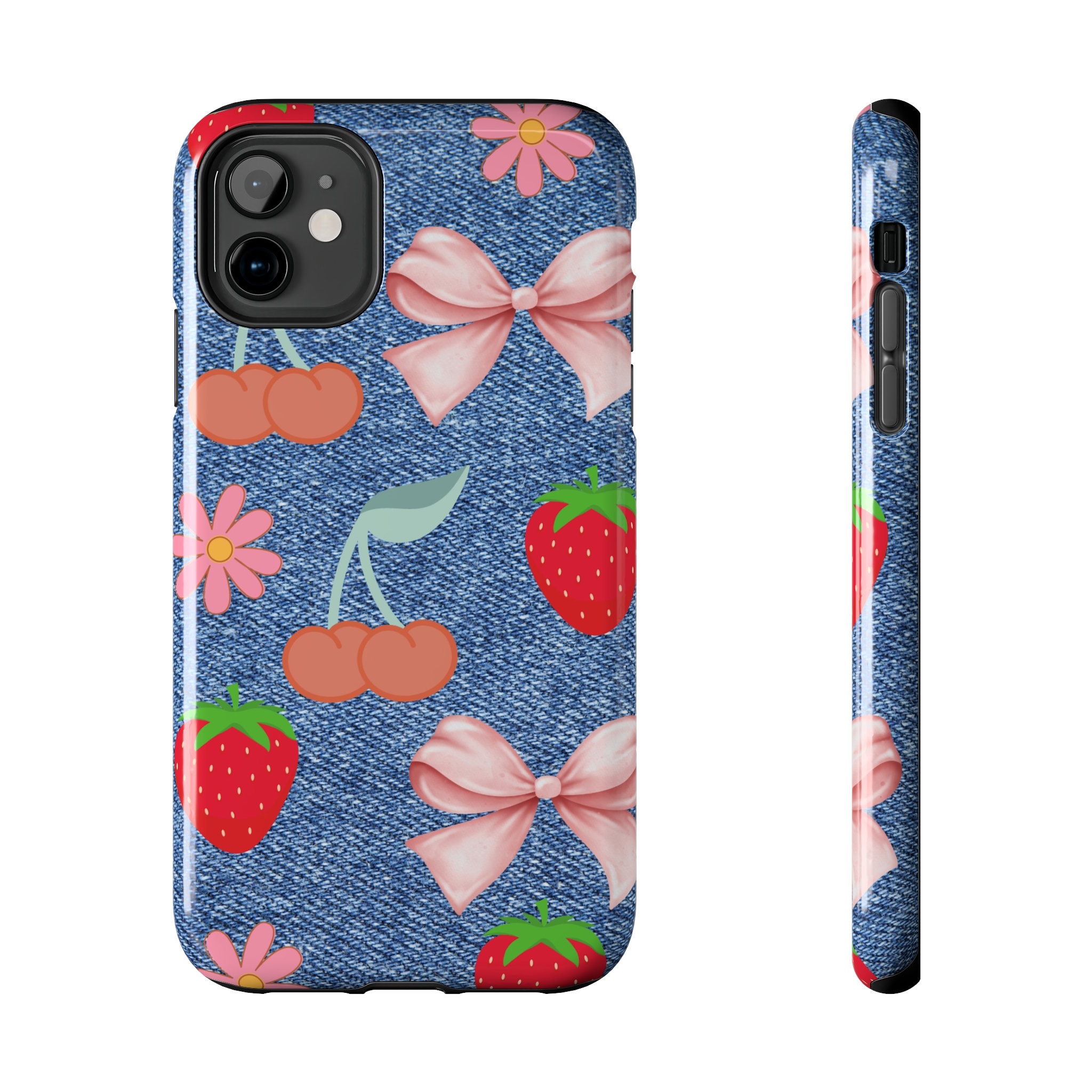Pink and Blue Denim iPhone Case, Strawberries Cherries Pink Bow Decor ...