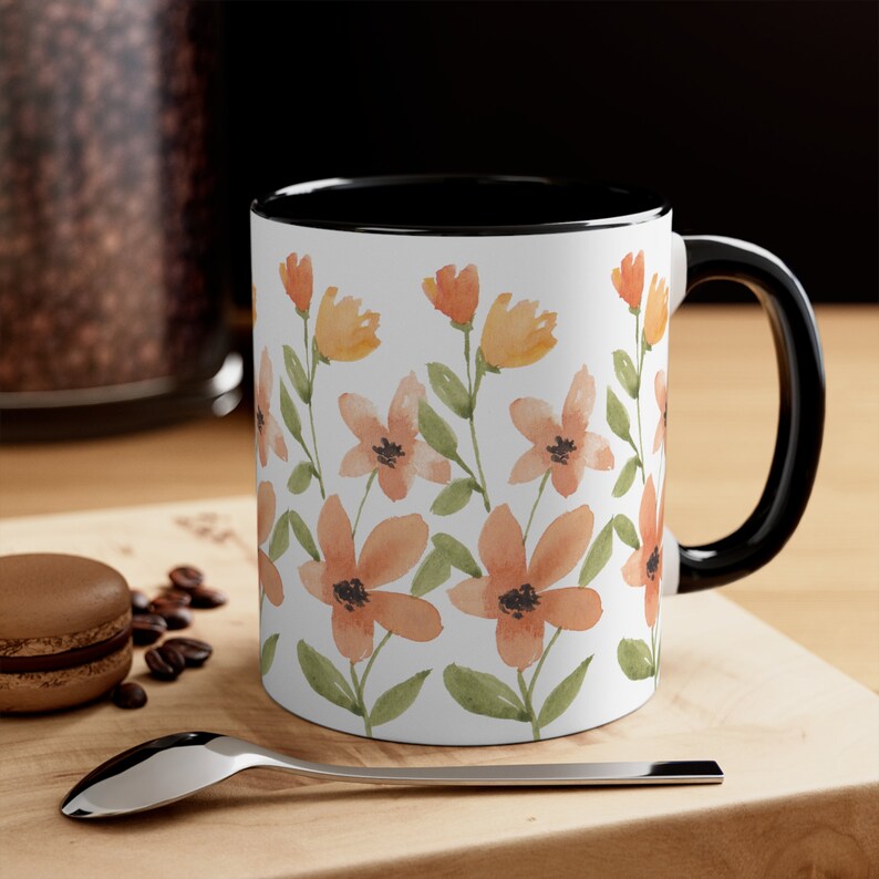 Peach Wildflower Coffee Mug, Boho Wildflower Mug, Water Color Cottage ...