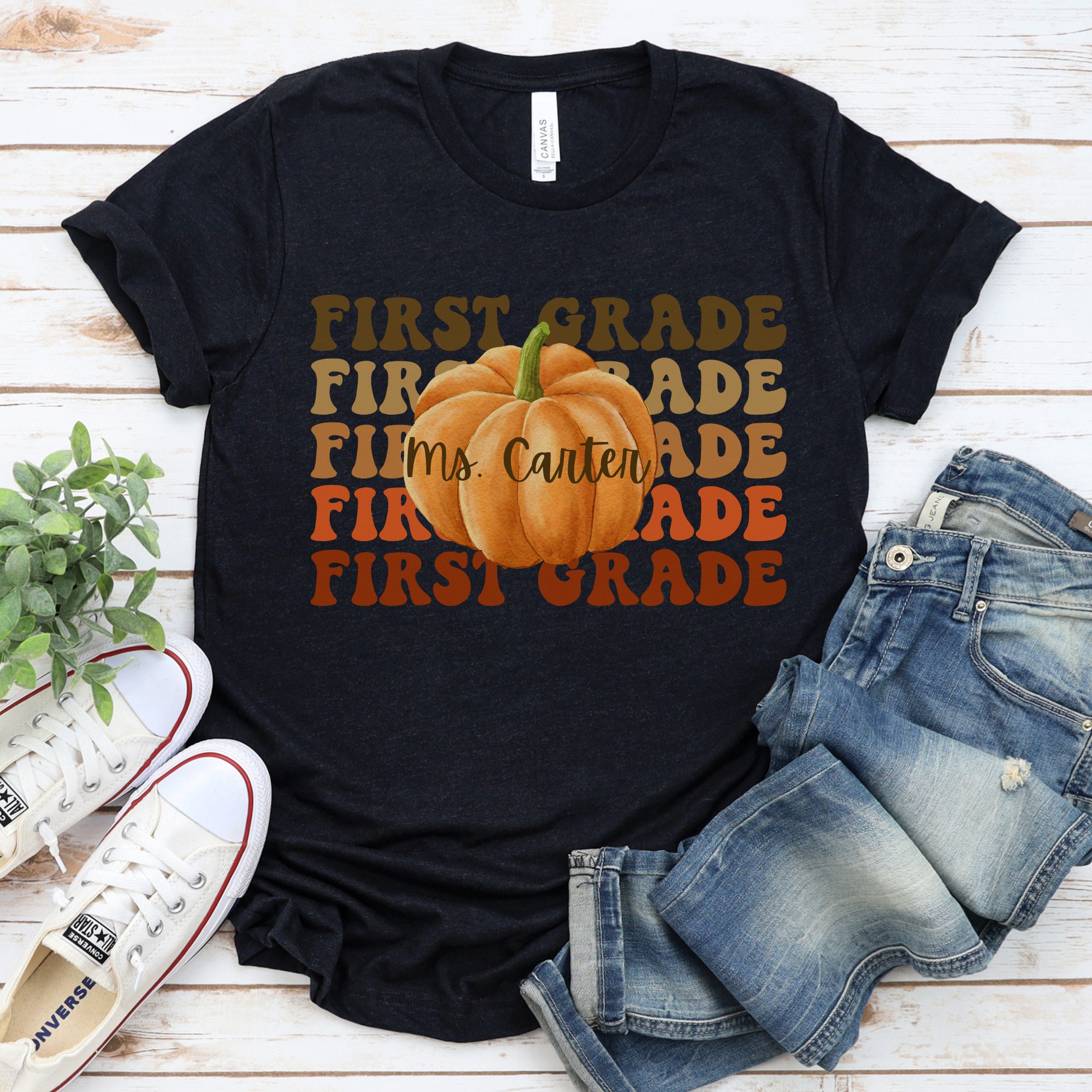 First Grade Fall Teacher T-shirt, Elementary School Teacher Pumpkin Tee ...