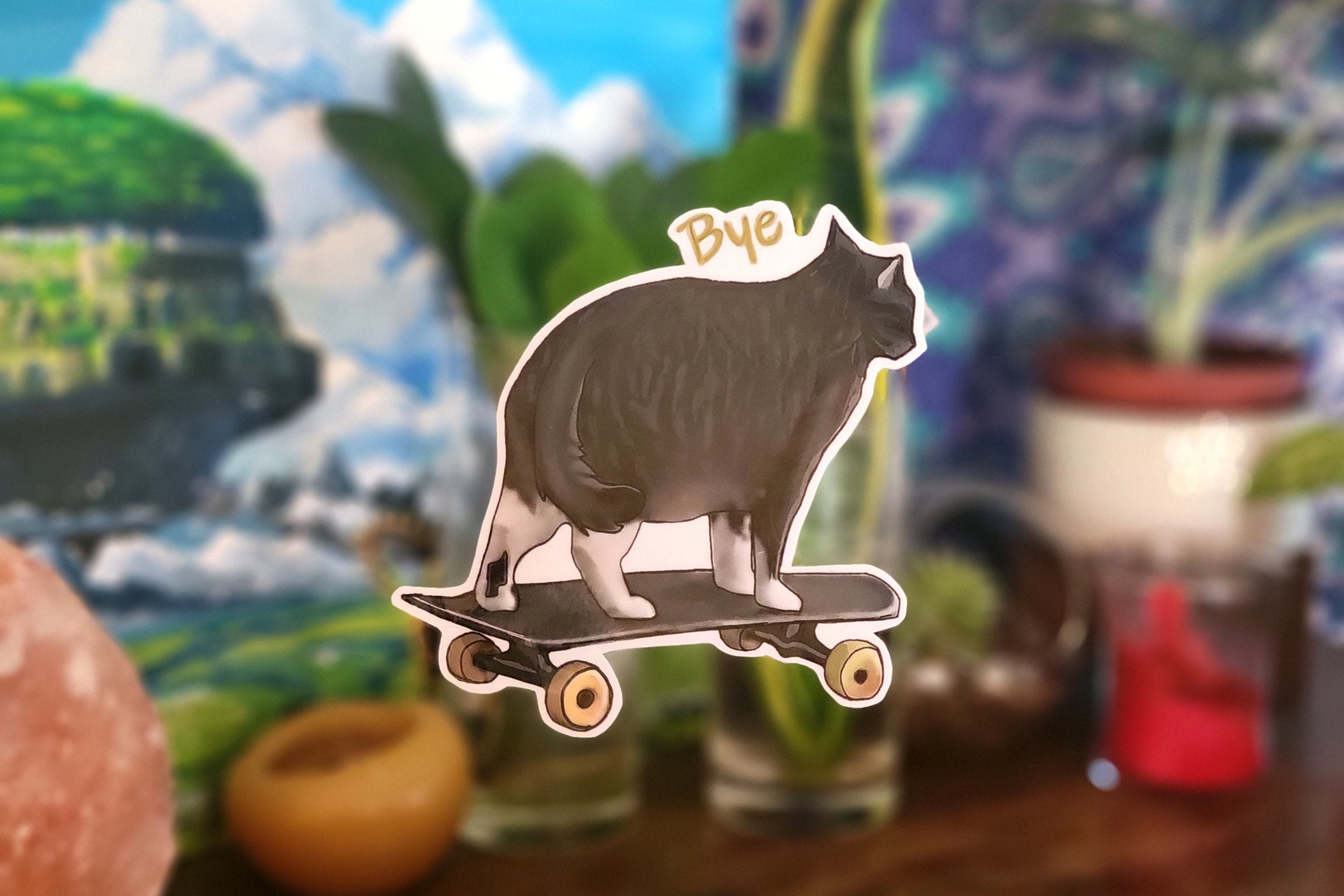 Bye Kitty Sticker | Funny Meme Sticker | Cat on Skateboard Sticker ...