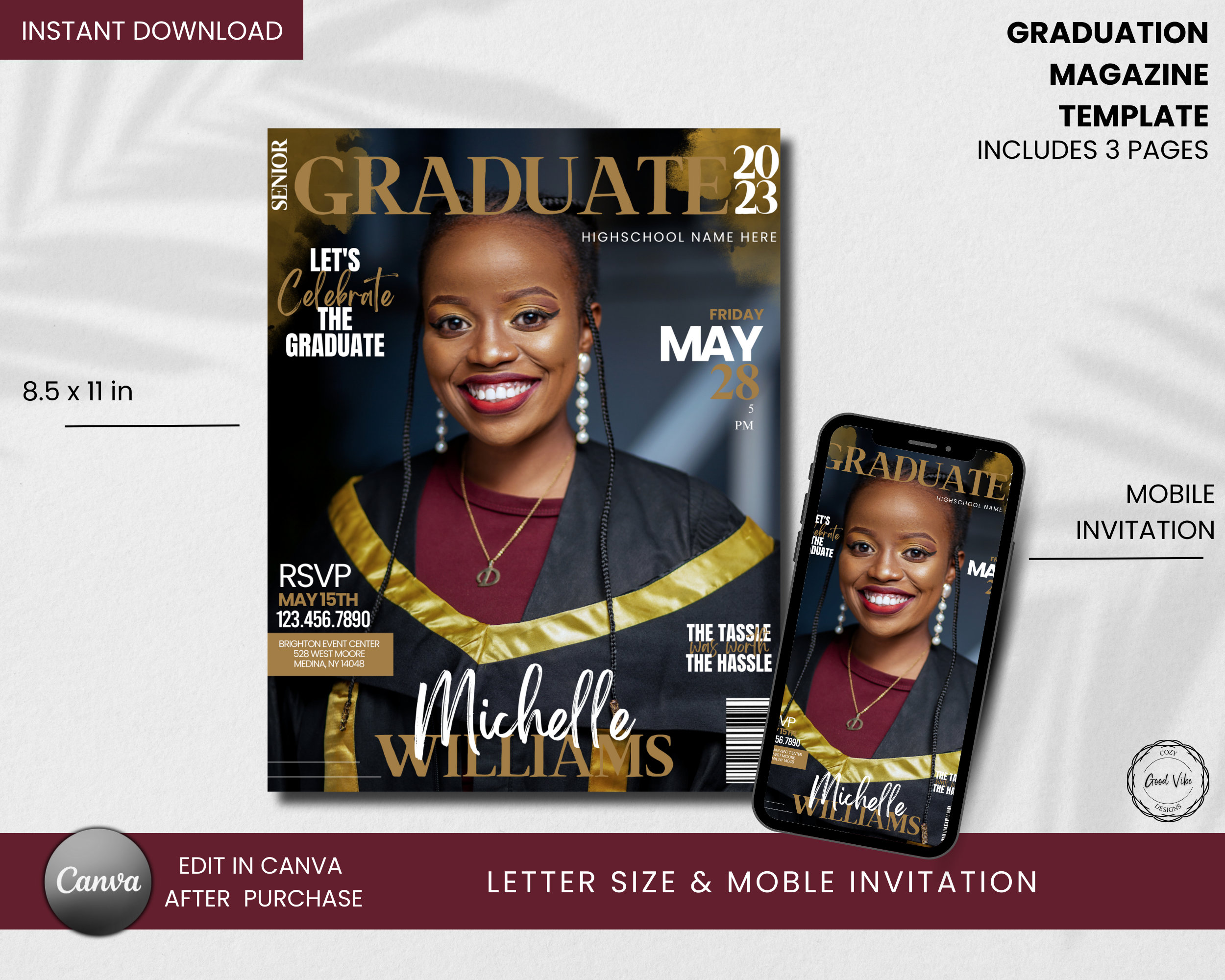 Customizable Graduation Magazine Invitation Template, Editable Photo ...