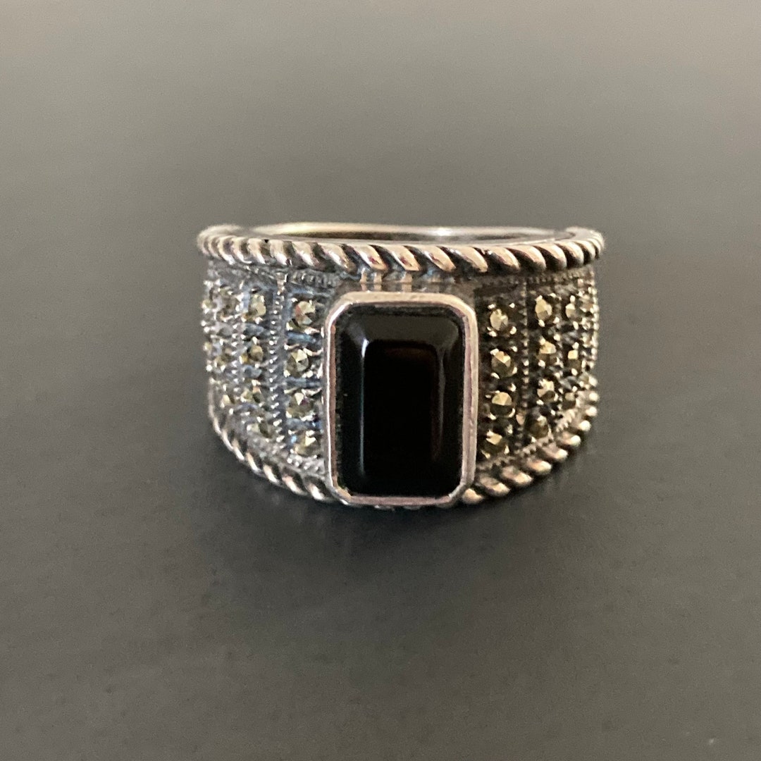Vintage Judith Jack Marcasite Onyx Ring Size 6.5, Sterling Silver ...