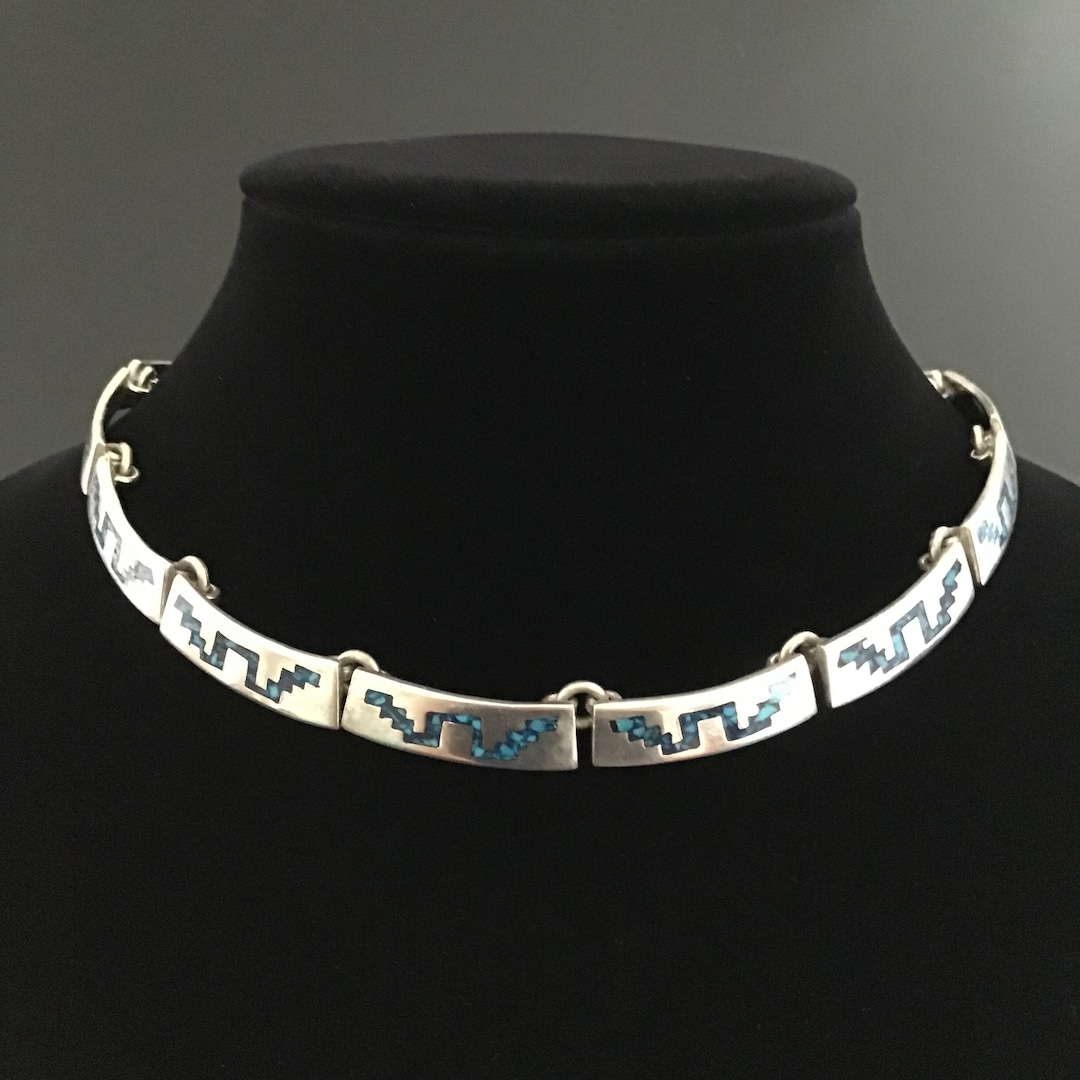 Taxco Sterling Silver Choker Necklace 16 Inch, Aztec Sterling Turquoise ...