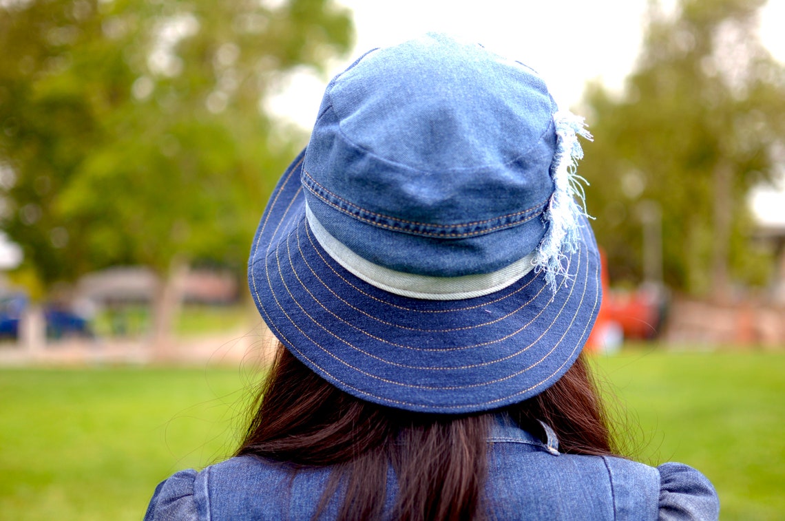 Handmade Upcycled Denim Bucket Hat: Fray & Stripe Detail, 4-way-wear - Etsy