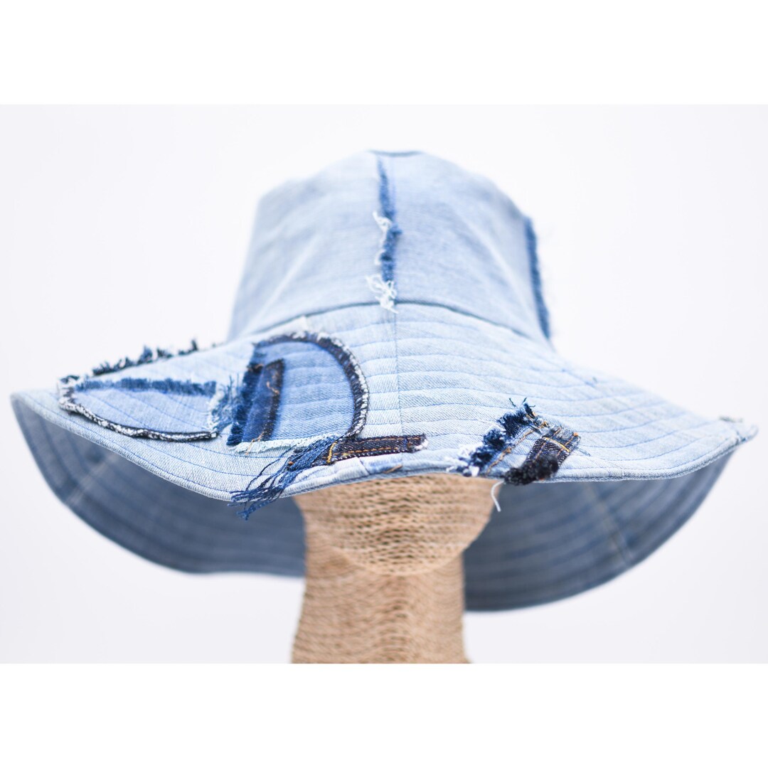 Handmade Upcycled Light Color Denim Wide Brim Sun Hat One Size up to 23 ...