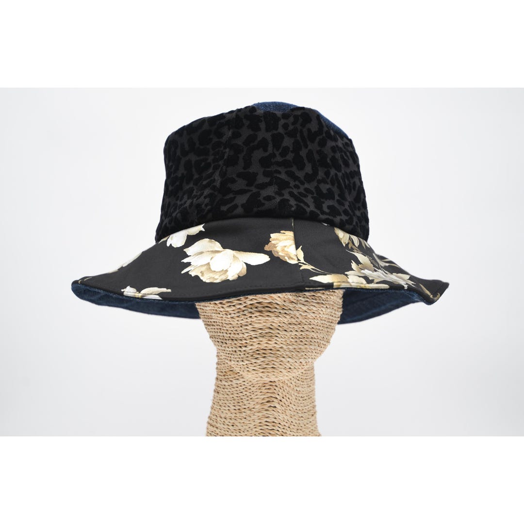 Handmade 4-way-wear Bucket Hat: Floral, Leopard & Denim (up to 23" Head ...
