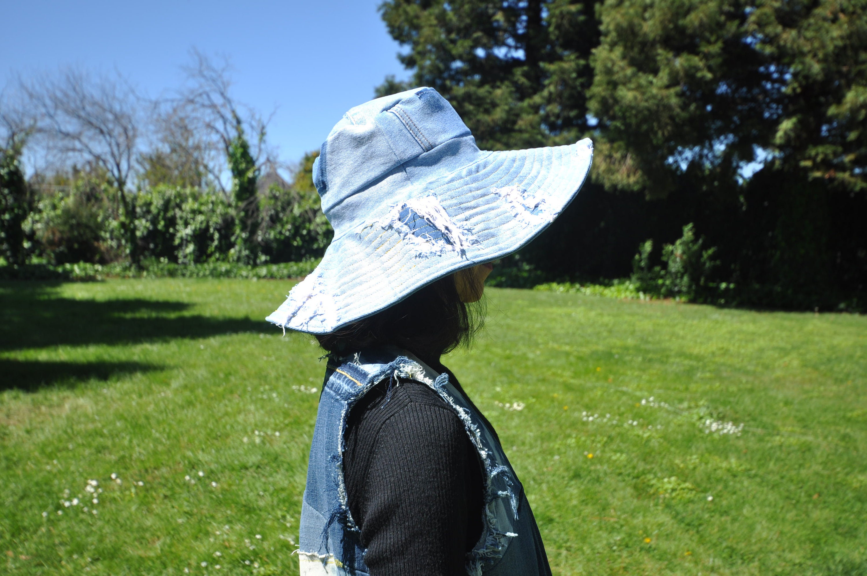 Upcycled Distressed Denim Wide Brim Sun Hat Only ONE 23.75"-24.75" Head ...