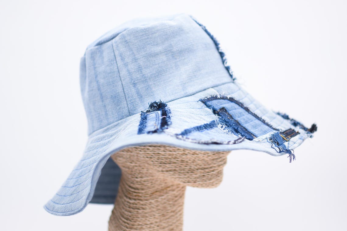 Handmade Upcycled Light Color Denim Wide Brim Sun Hat One Size up to 23 ...